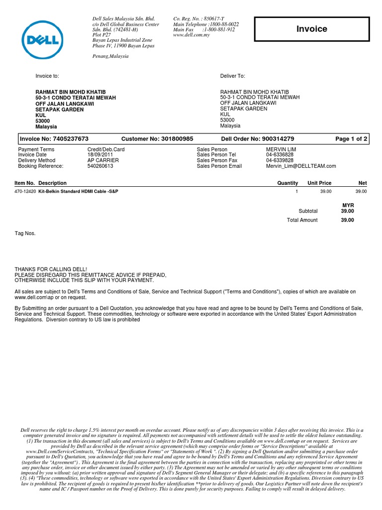 Invoice Belkin Hdmi | Dell | Invoice