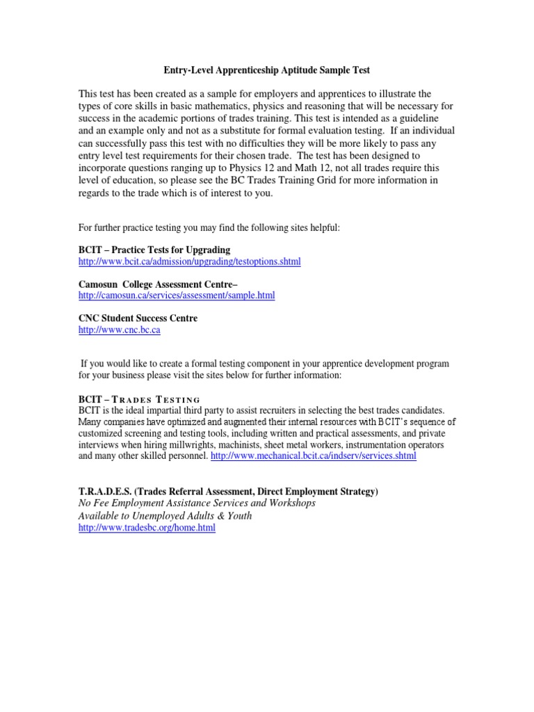 Apprenticeship Readiness Test No Answers | PDF | Apprenticeship | Test ...