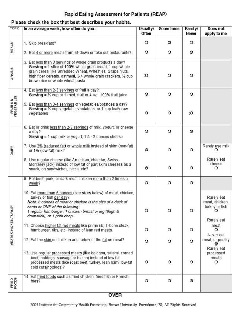 Rapid Eating Assessment For Patients (REAP) Please Check The Box That ...