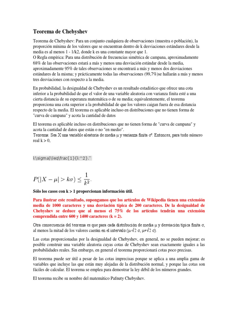 Teorema de Chebyshev | PDF | Distribución normal | Desviación Estándar