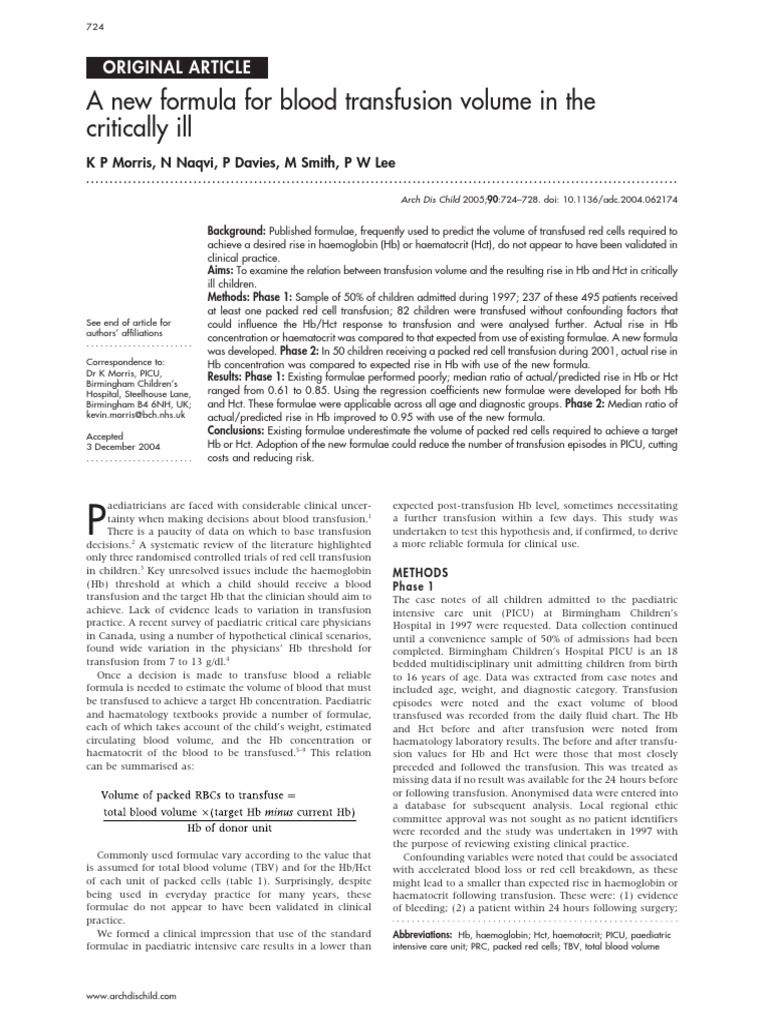 New Blood Transfusion Formula for PICU | PDF | Blood Transfusion ...