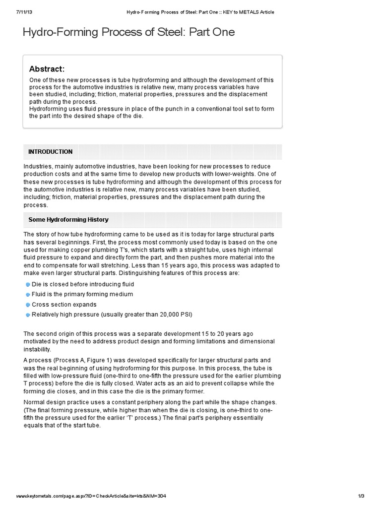 Hydro-Forming Process of Steel - Part One - KEY To METALS Article | PDF ...