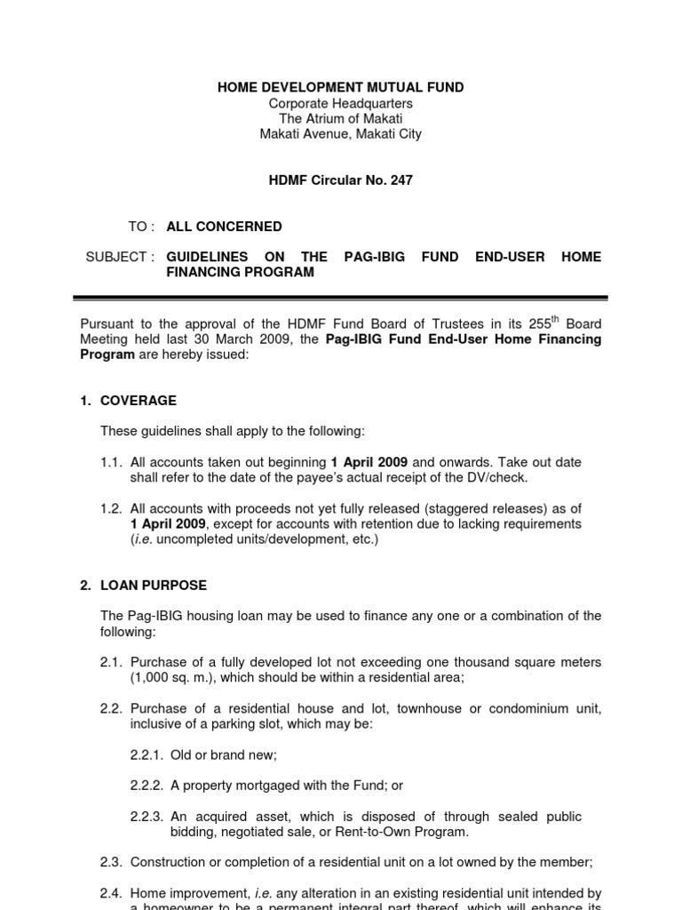 Pag-Ibig HDMF Circular 247 | PDF | Loans | Mortgage Law