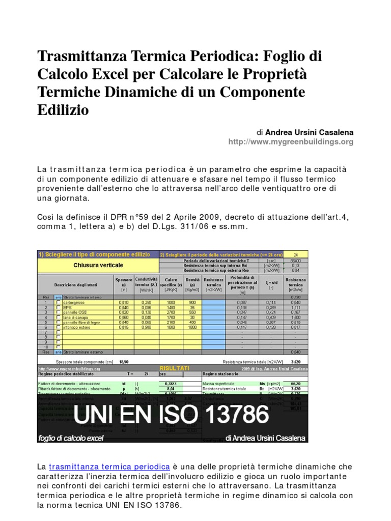 Calcolo Trasmittanza Termica Periodica UNI en ISO 13786 | PDF