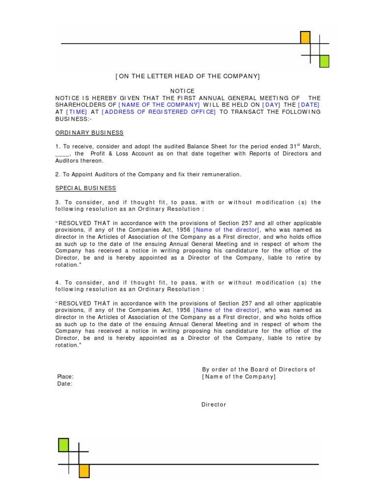 Notice of First Agm | Articles Of Association | Board Of Directors