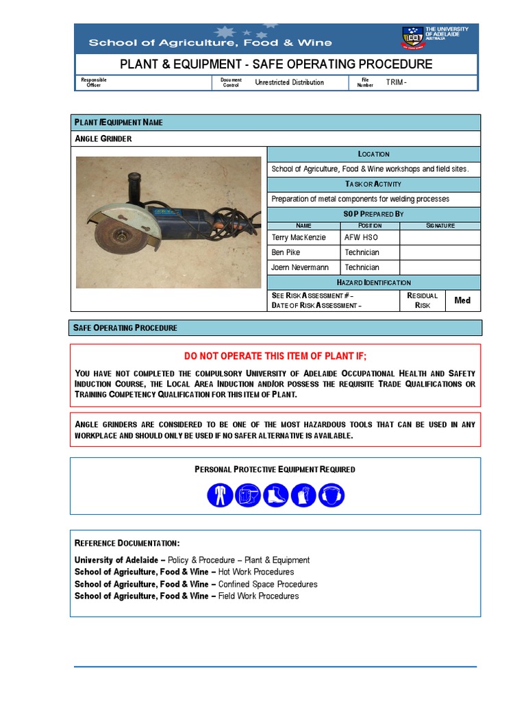 Sop Angle Grinder | PDF | Personal Protective Equipment | Mill (Grinding)