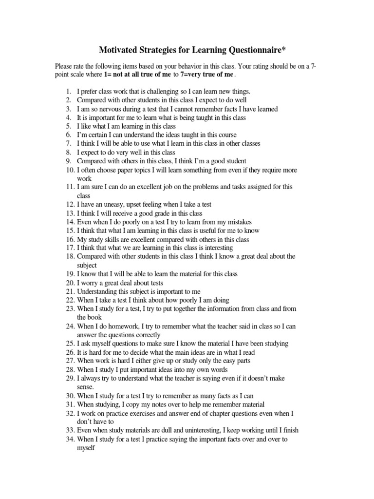 MSLQ | PDF | Self-Improvement