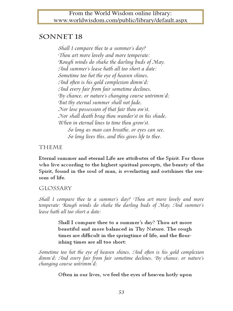 Shakespeares Sonnet 18 Commentary and Analysis by Ira B Zinman | PDF ...