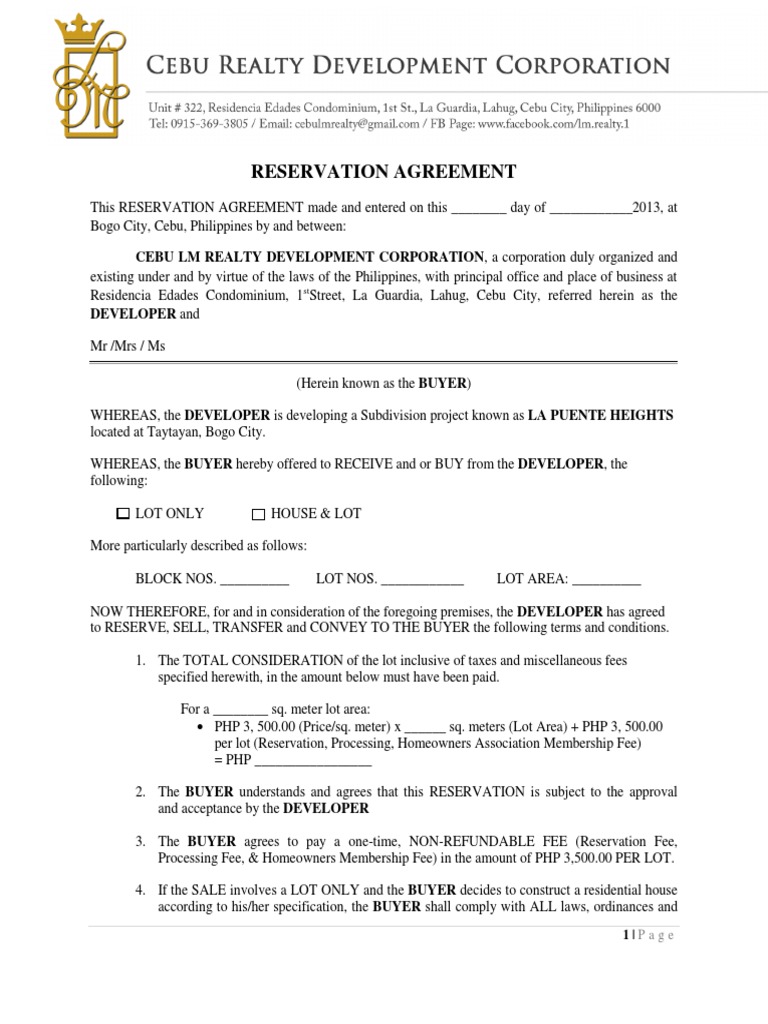 02 Reservation Agreement LM Realty | Download Free PDF | Payments | Fee