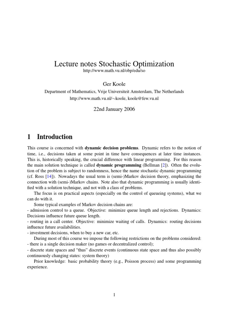 Lecture Notes Stochastic Optimization Koole Pdf Markov Chain Dynamic Programming