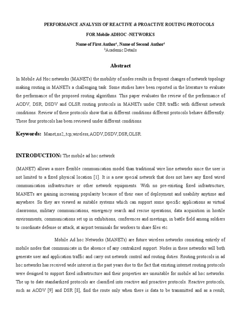 Performance Analysis of Reactive & Proactive Routing Protocols For Mobile Adhoc - Networks Name ...