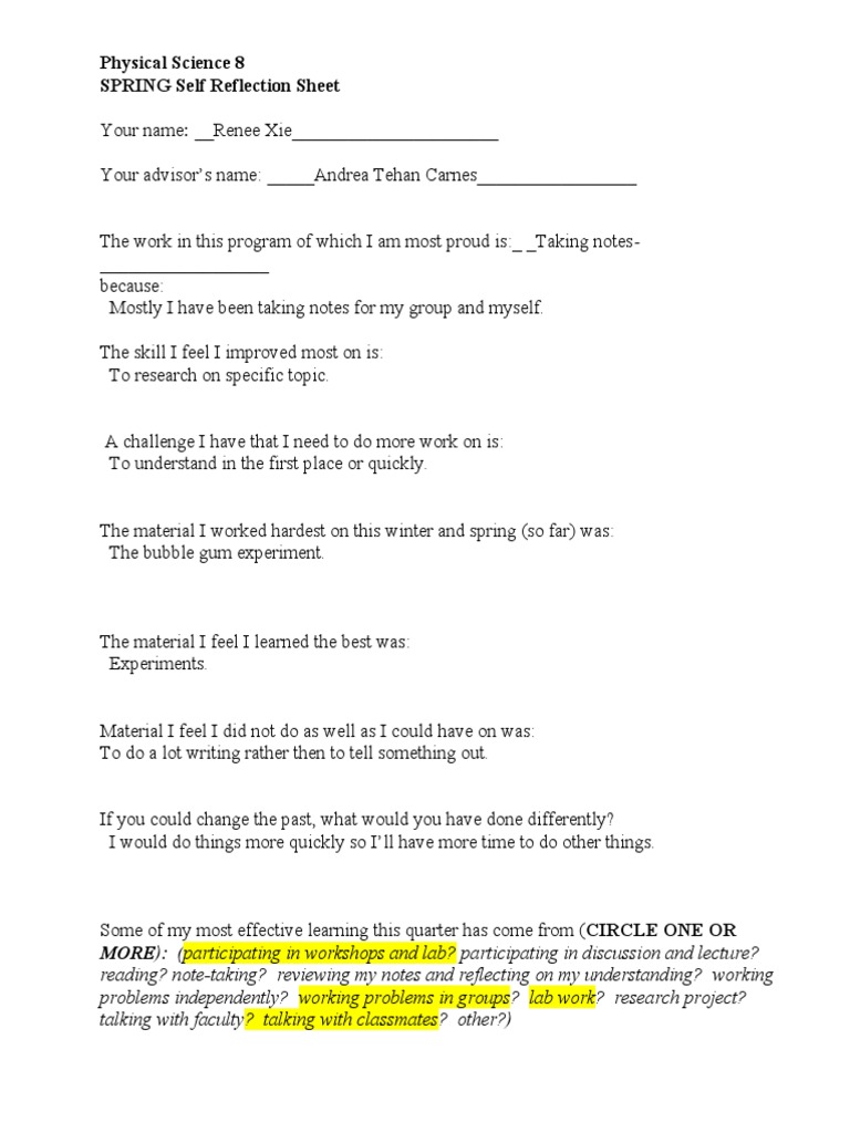Physical Science 8 Self Reflection | PDF | Self-Improvement | Science ...
