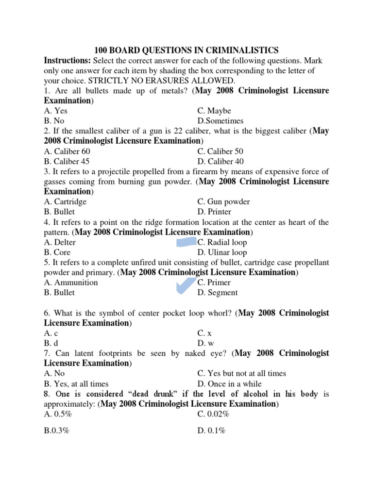 Criminology Board Exam Sample Questions | PDF | Caliber | Revolver