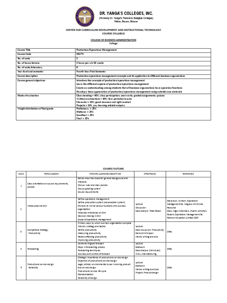 Opm Course Syllabus | PDF | Operations Management | Test (Assessment)