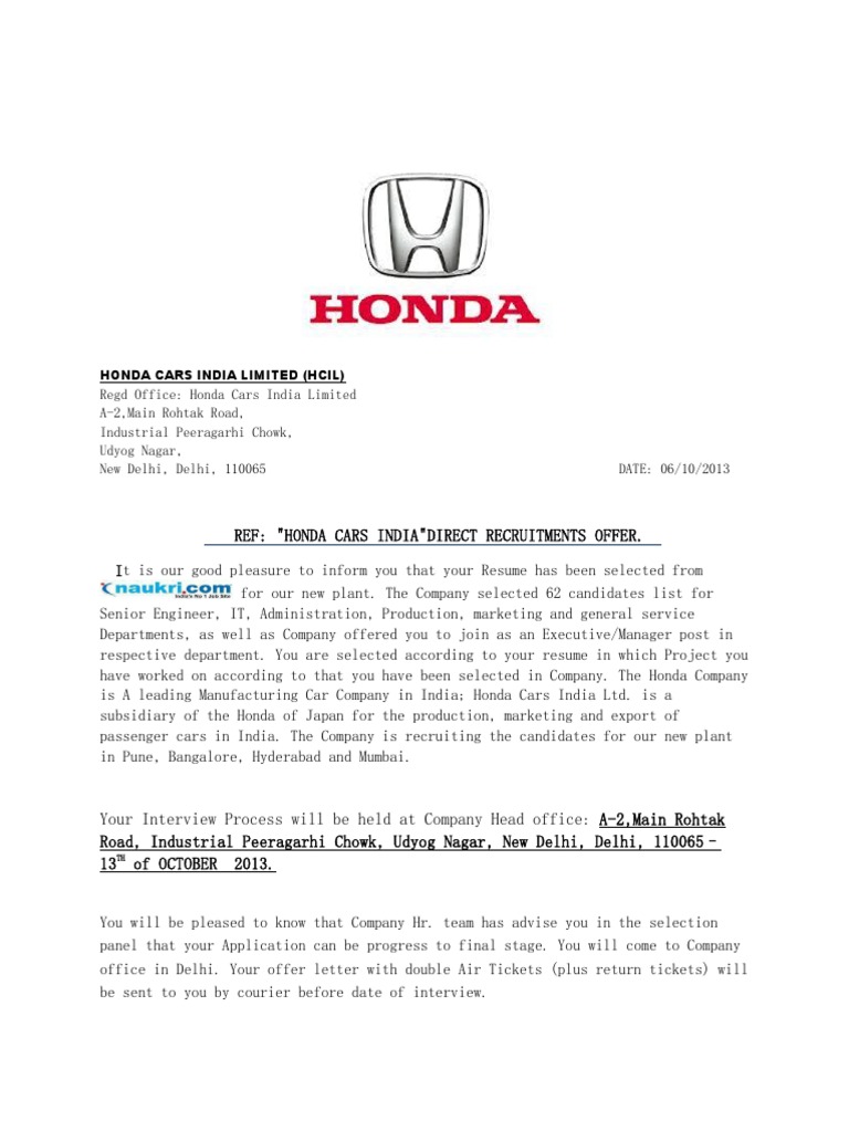 Honda Cars India Recruitment Offer | PDF | Honda | Email