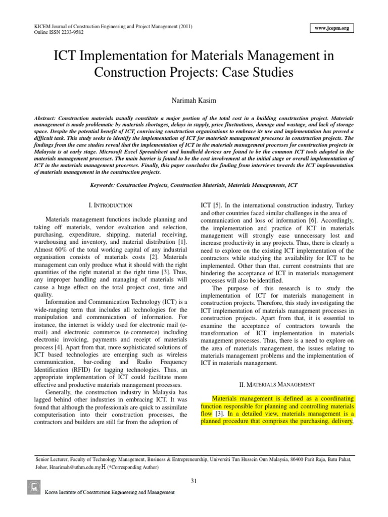 ICT Implementation For Materials Management in Construction Projects ...