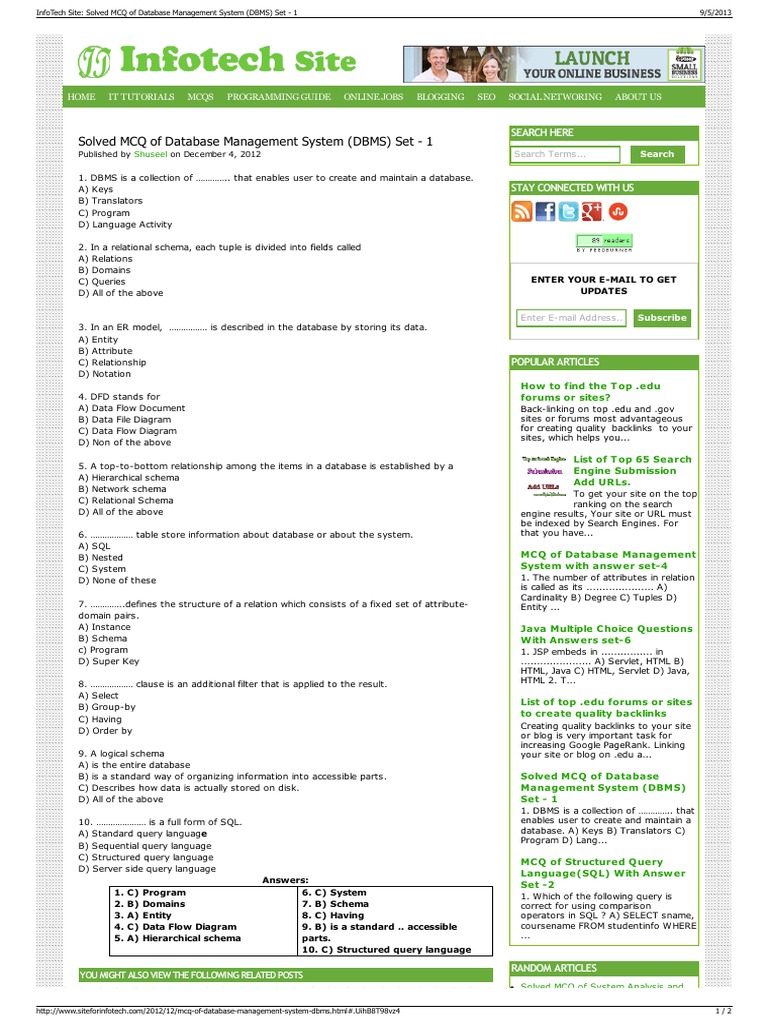 InfoTech Site Solved MCQ of Database Management System (DBM | PDF ...