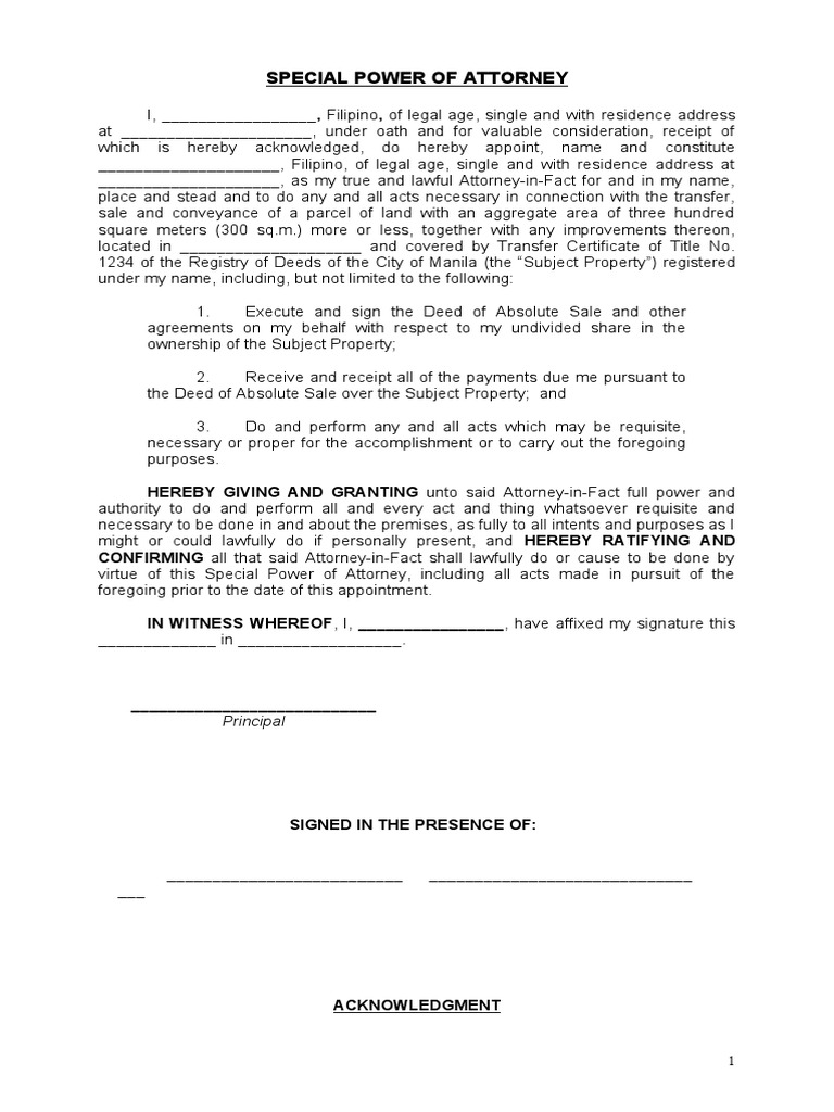 Sample Spa For Sale of Property | PDF | Power Of Attorney | Deed