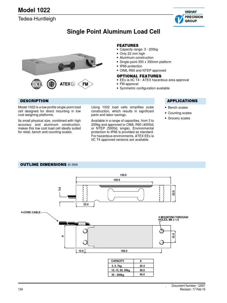 Tedea-Huntleigh Model 1022 Load Cell | PDF | Weighing Scale ...