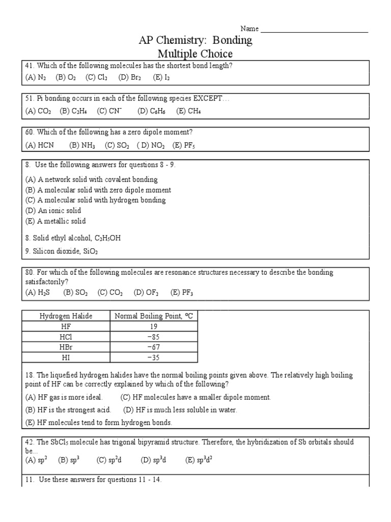 AP Chemistry: Bonding Multiple Choice | PDF | Chemical Bond ...