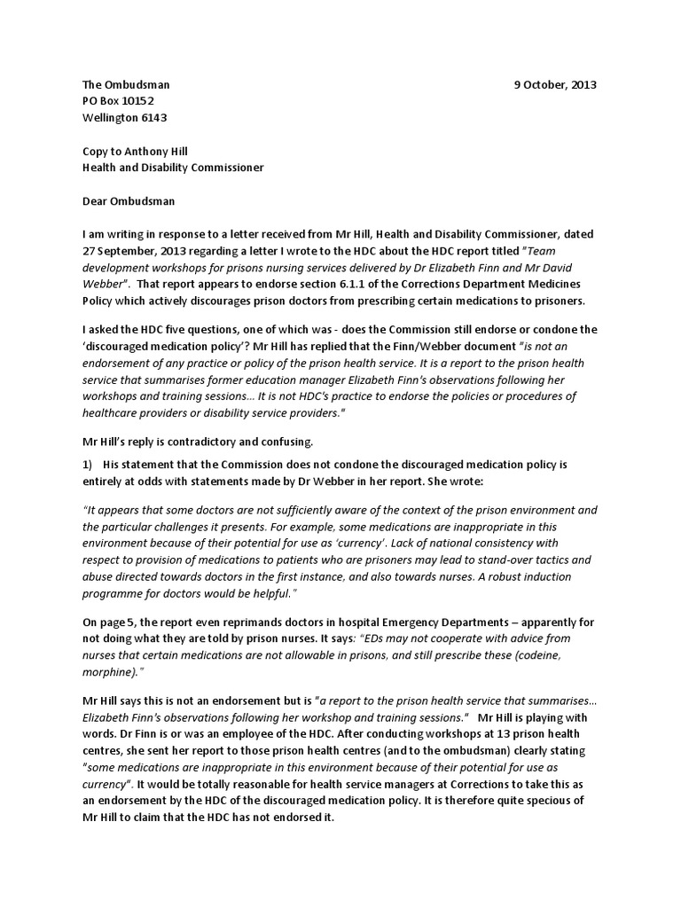 Letter to Ombudsman Re the HDC by Roger Brooking | Torture | Prison