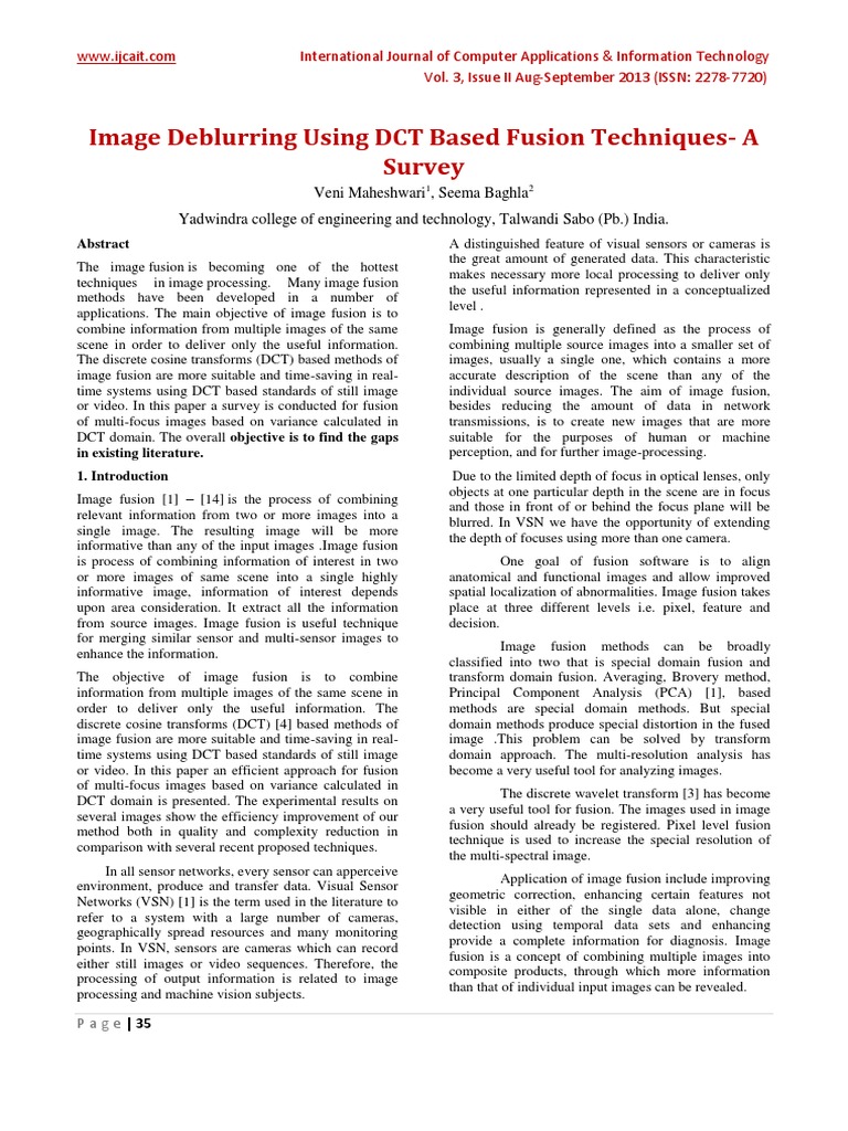 Image Deblurring Using DCT Based Fusion Techniques-A Survey | PDF | Computer Vision | Areas Of ...