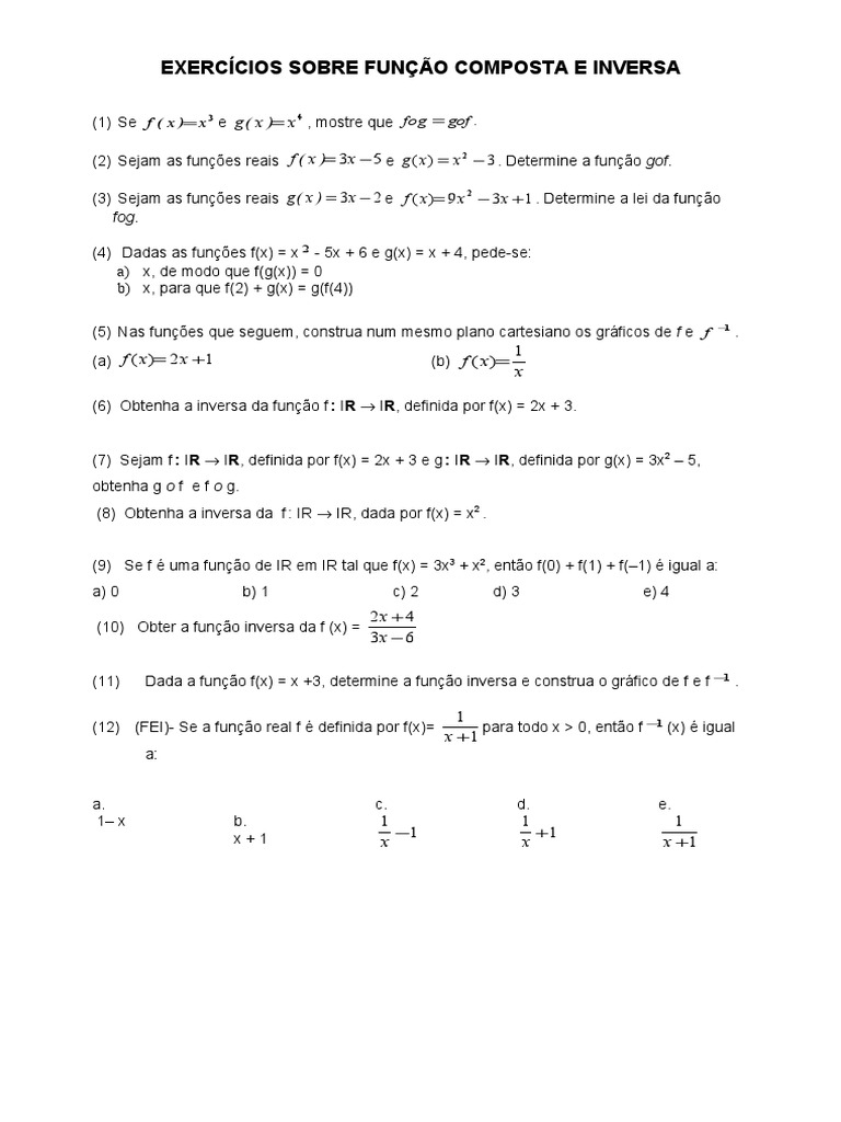 Exercícios Sobre Função Composta e Inversa | PDF