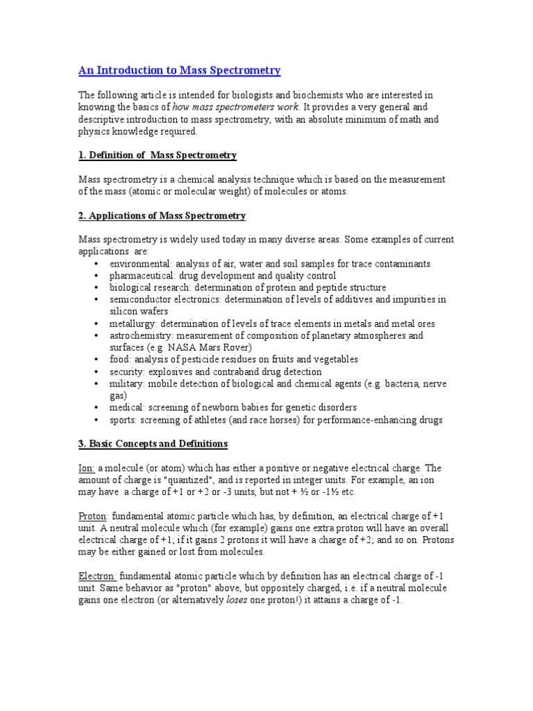 Introduction To Mass Spectrometry | PDF | Mass Spectrometry | Time Of ...