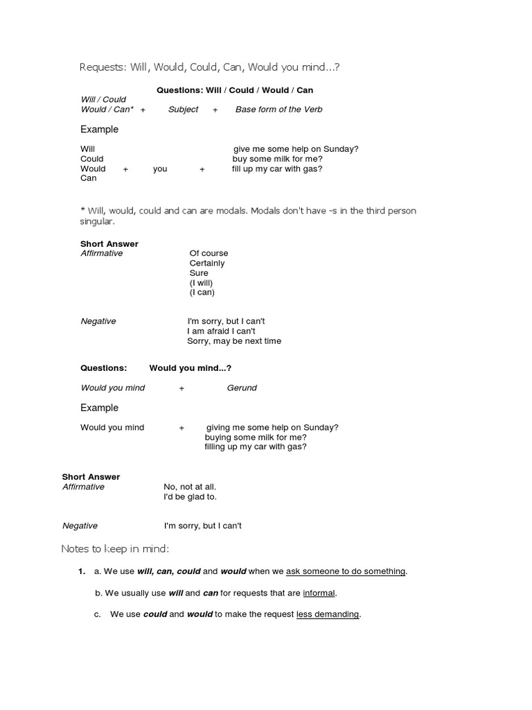 Requests: Will, Would, Could, Can, Would You Mind... ?: Example | PDF ...