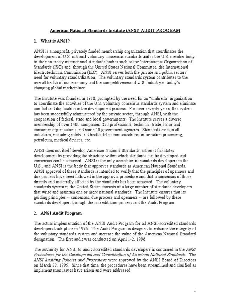 American National Standards Institute (ANSI) AUDIT PROGRAM 1. What Is ...