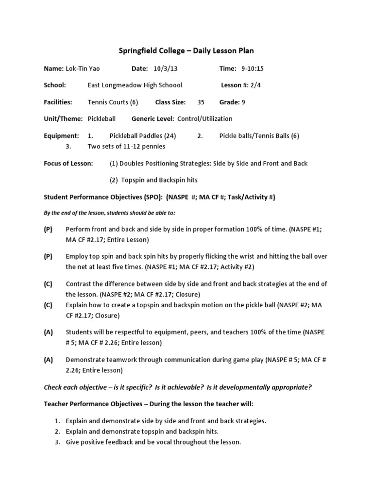 2 of 4 Lesson Plan Pickleball | PDF | Athletic Sports | Ball Games