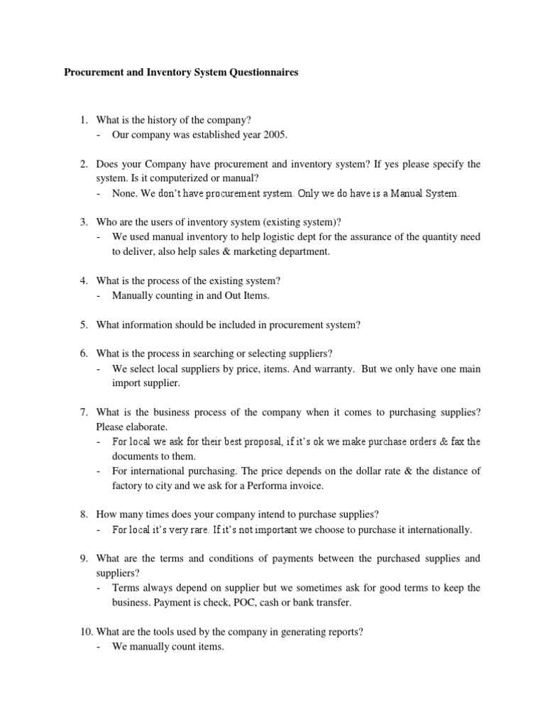 Procurement and Inventory System Questionnaires 1 | Inventory | Supply ...