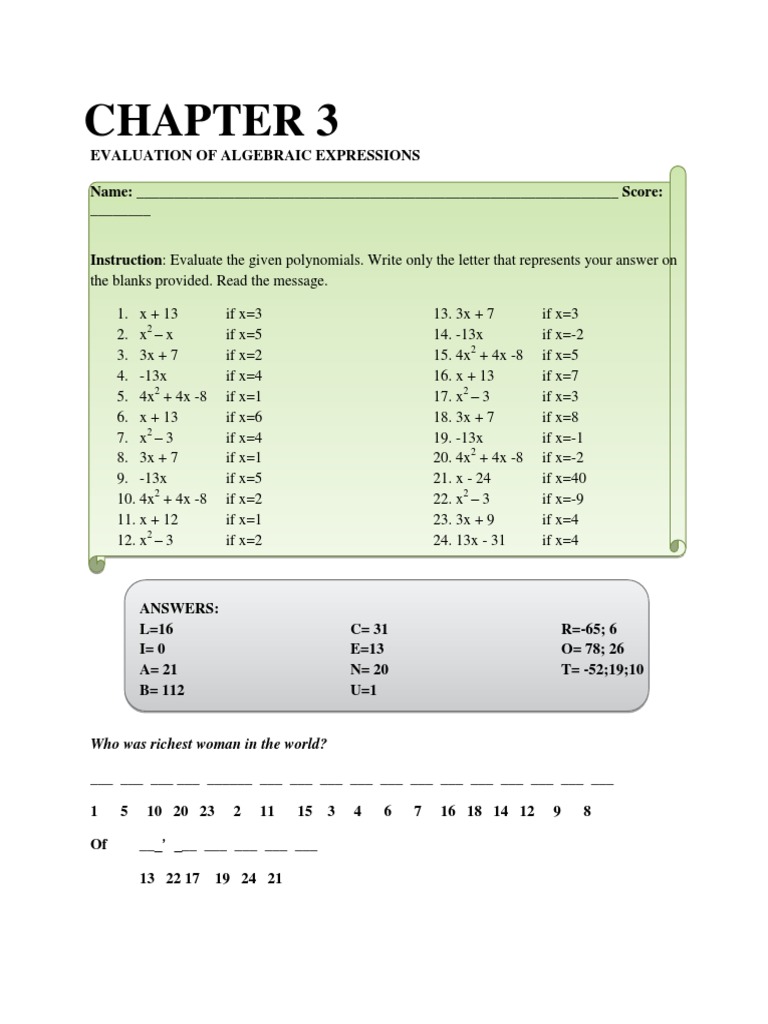 Evaluating Algebraic Expressions Worksheet | PDF