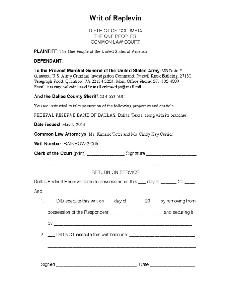 Writ of Replevin for Federal Reserve | PDF