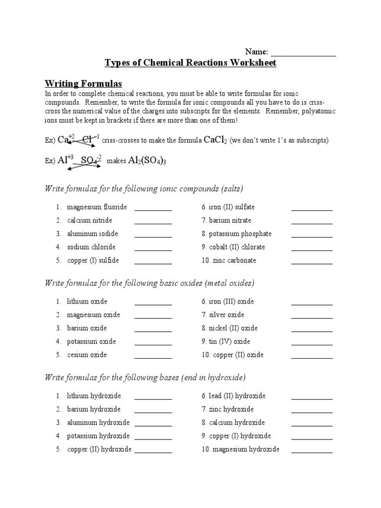 Types of Chemical Reactions Detailed Worksheet 2 | PDF | Hydroxide | Oxide