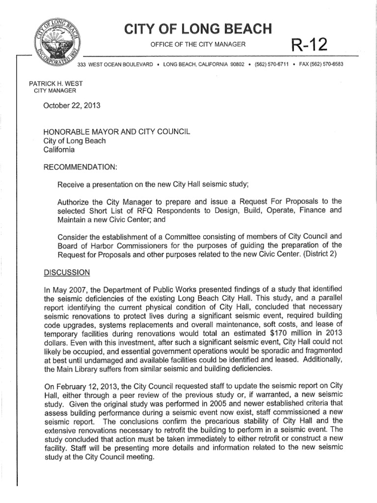 Long Beach City MGM'T Memo Advising New Civic Center (P3) Instead of ...