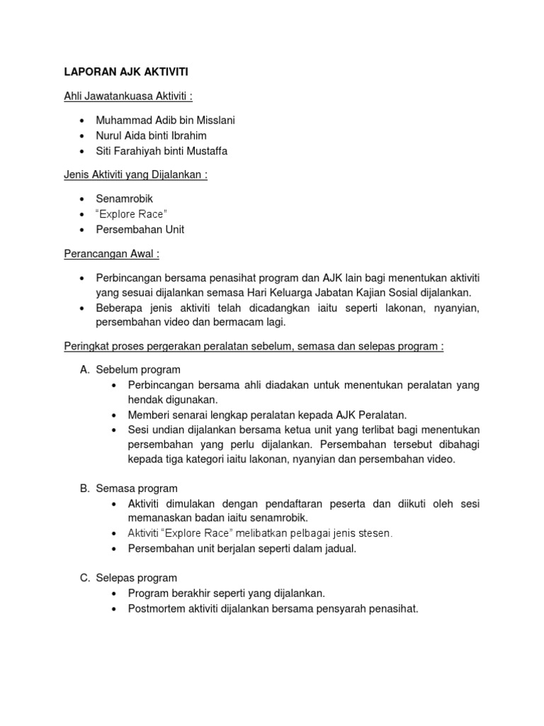 Contoh Laporan Ajk Aktiviti | PDF