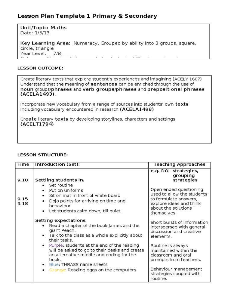 Lesson Plan Numeracy Group Combined | PDF | Lesson Plan | Classroom