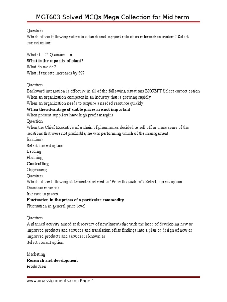 MGT603 Solved MCQs Mega Collection For Mid Term | PDF | Strategic ... MGT603 Solved MCQs Mega Collection For Mid Term | PDF | Strategic ...