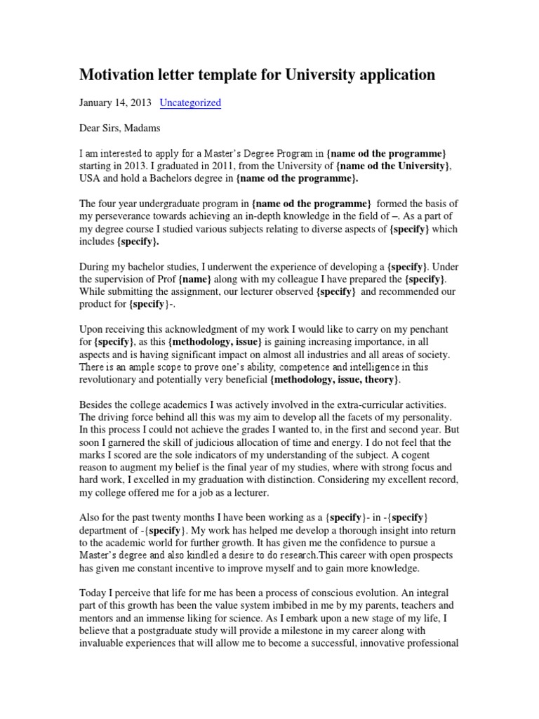 Motivation Letter Template For University Application | PDF ...