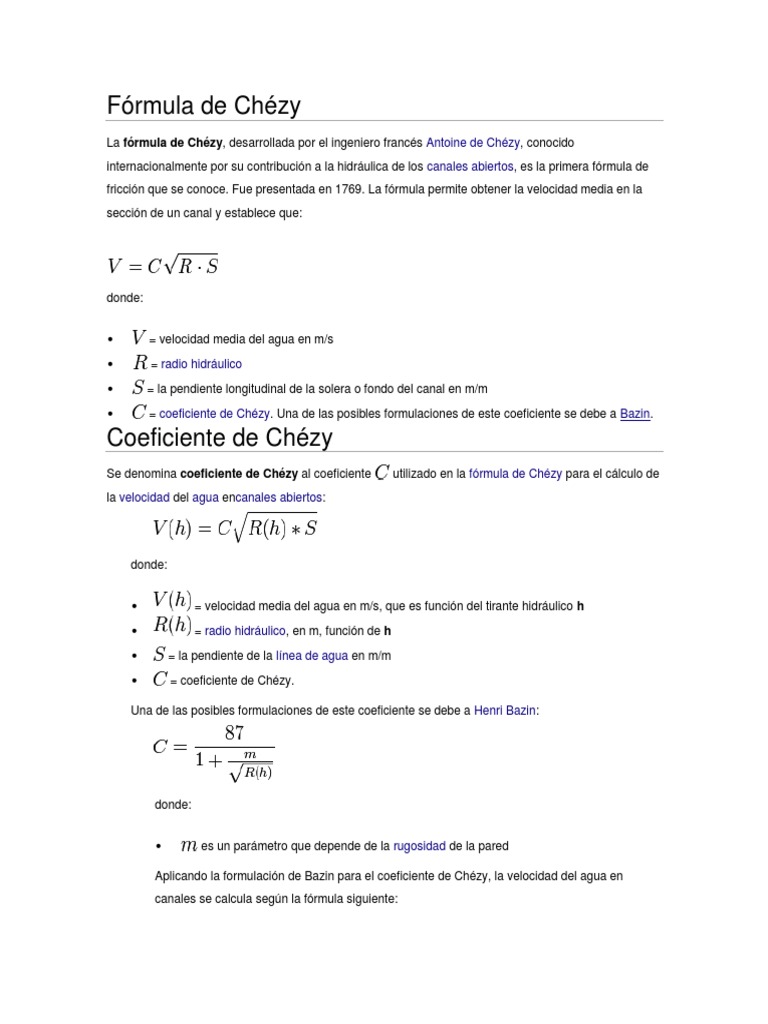 Fórmula de Chézy | PDF | Fórmula | Descarga (hidrología)
