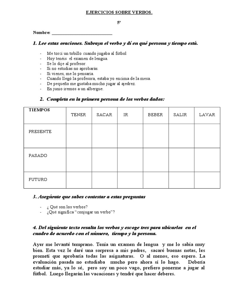 Hoja De Trabajo De Tiempos Verbales De Quinto Grado