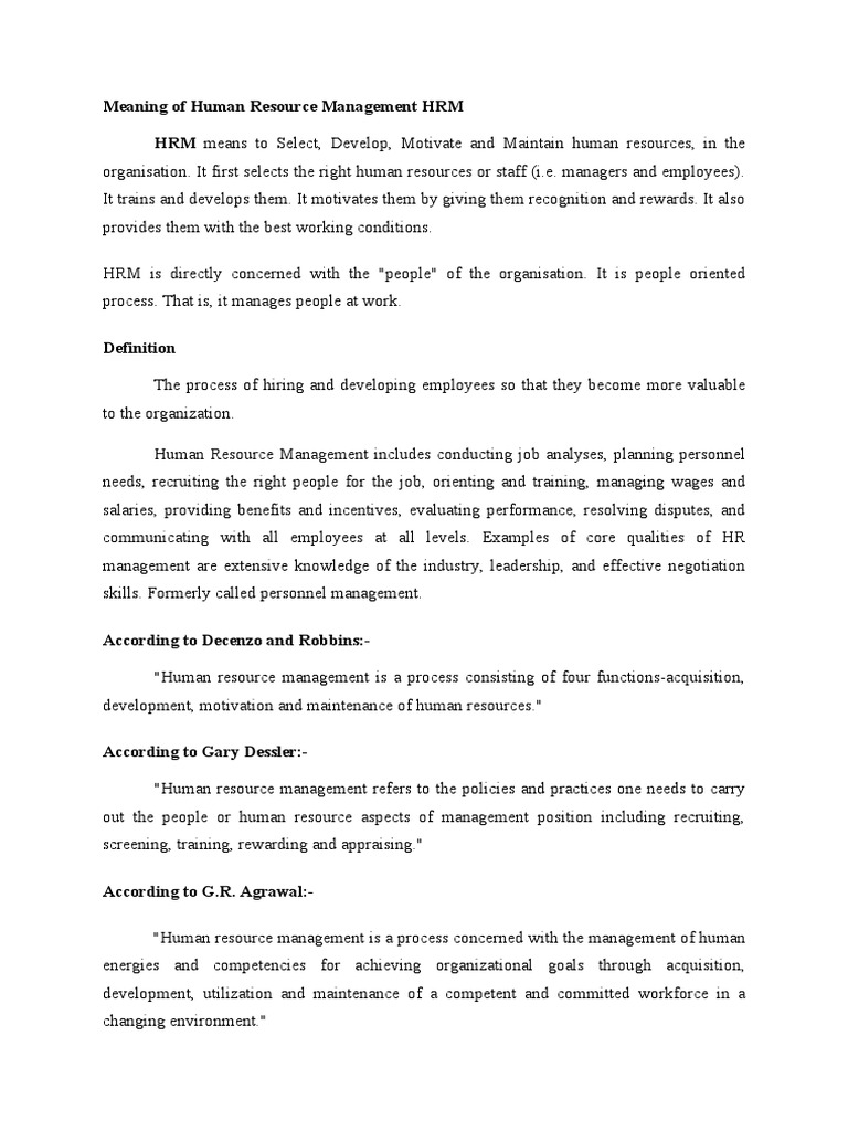 Meaning of Human Resource Management HRM | PDF | Human Resource ...