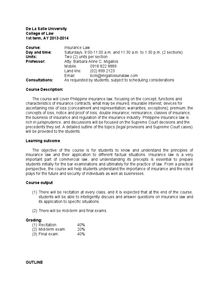 Insurance Law Course Overview | PDF | Insurance | Surety Bond