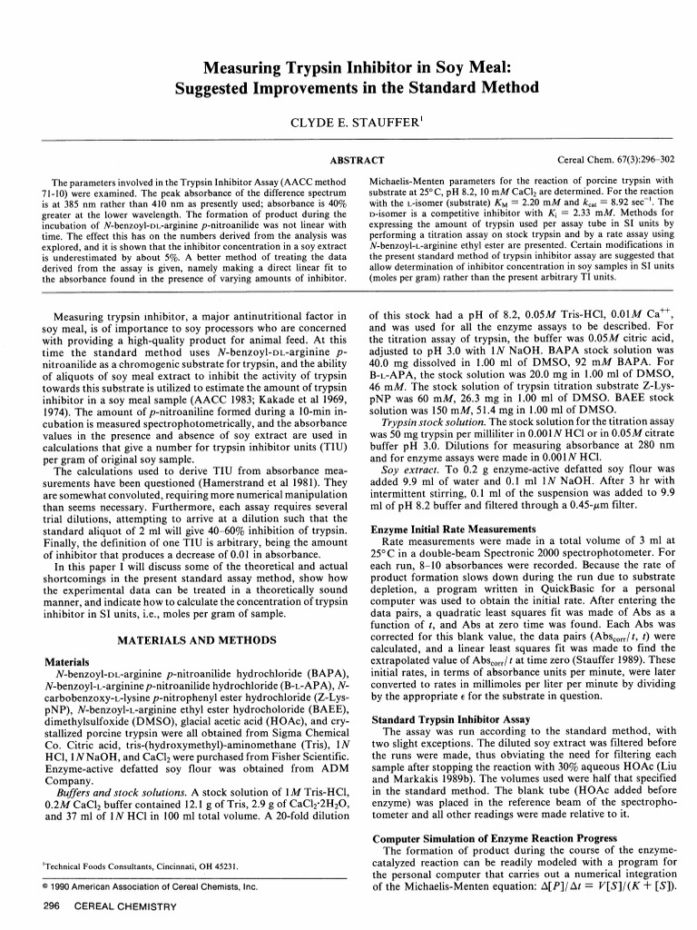 Measuring Trypsin Inhibitor in Soy Meal - Suggested Improvements in Std ...