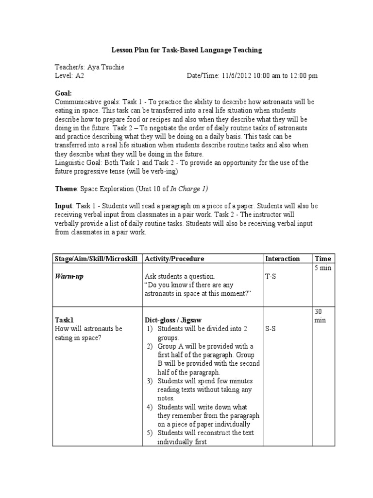 Lesson Plan For TBLT | PDF | Lesson Plan | Foods
