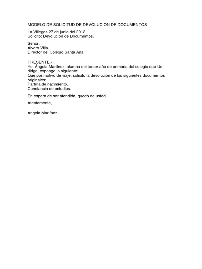 Modelo de Solicitud de Devolucion de Documentos | PDF