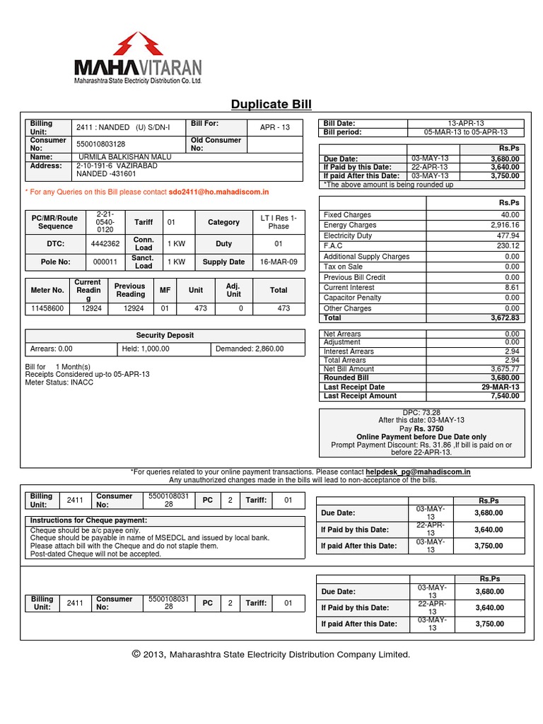 Duplicate Bill: For Any Queries On This Bill Please Contact Sdo2411@ho ...
