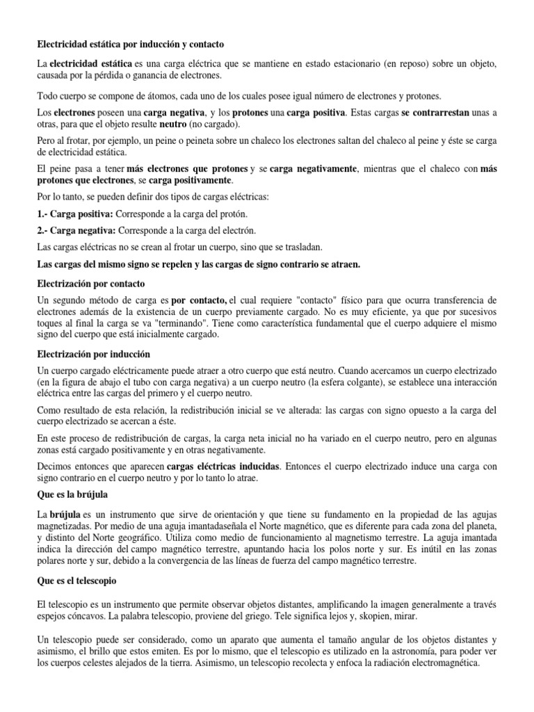 Electricidad Estática Por Inducción y Contacto | PDF | Carga eléctrica ...