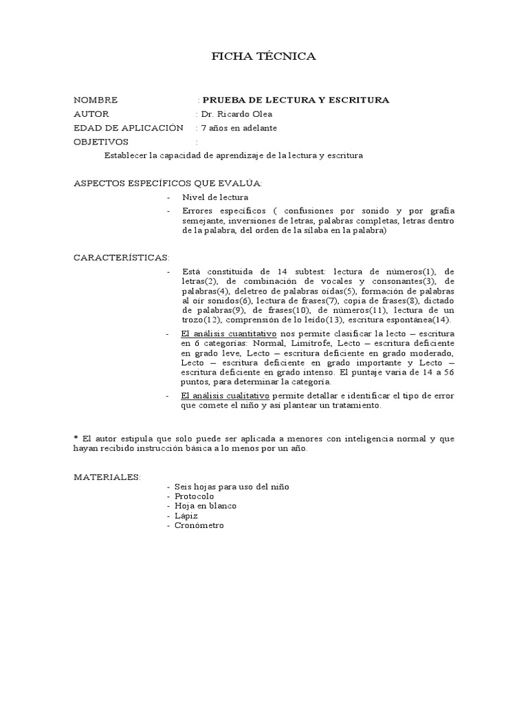 FICHA TÉC. Lect - Escr.olea | PDF | Lectura (proceso) | Palabra